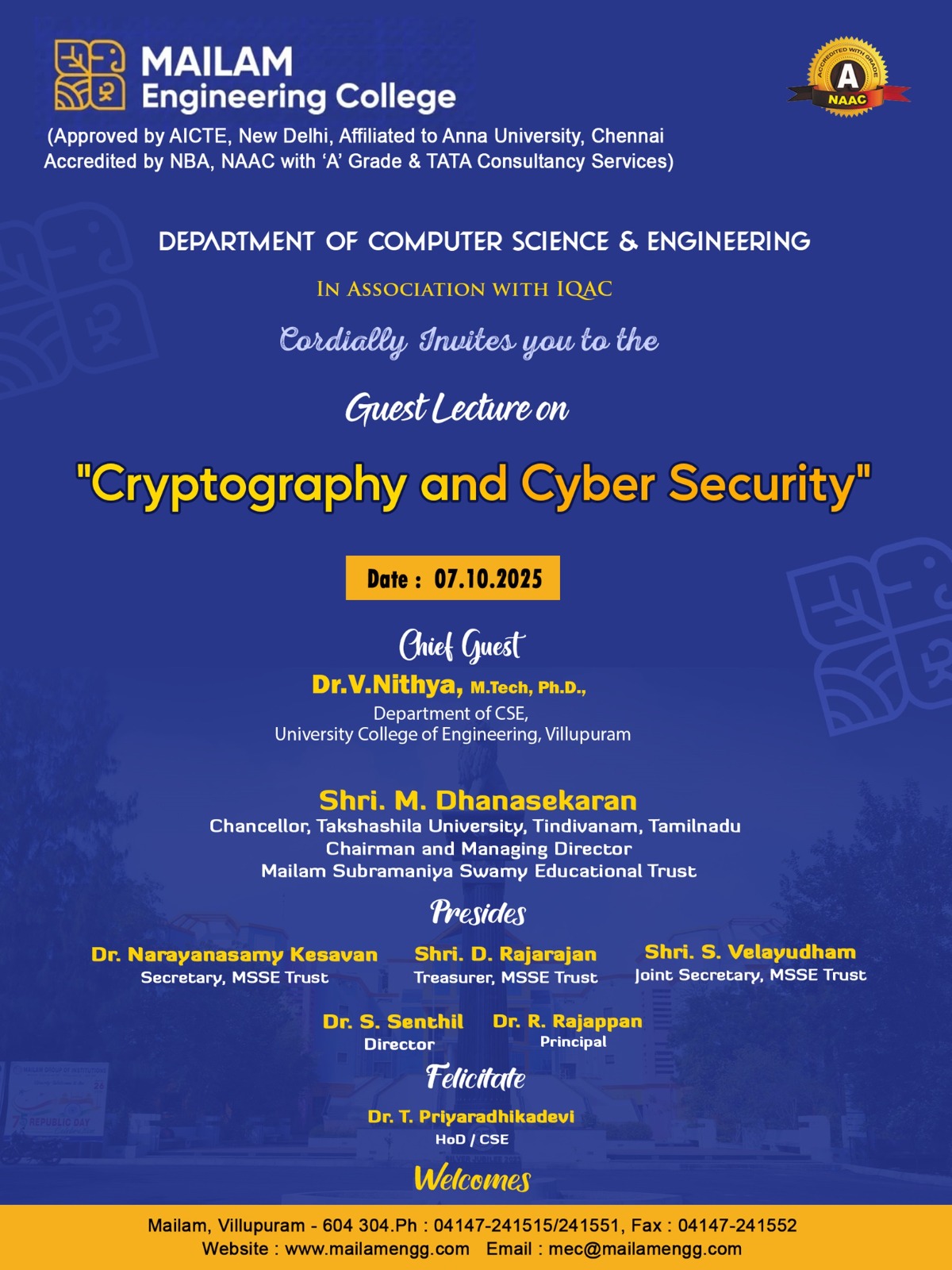 The Department of Computer Science and Engineering is organized Guest Lecture on “Cryptography ...