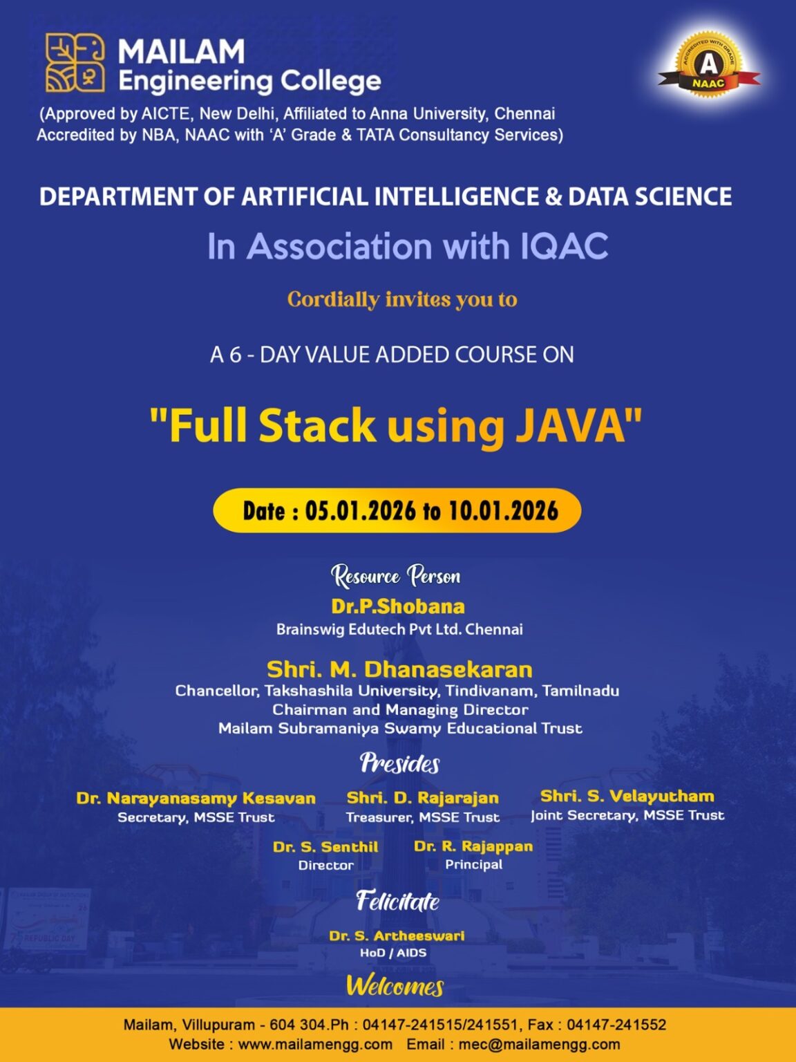 Value Added Course on Full Stack Development Using Java - MEC
