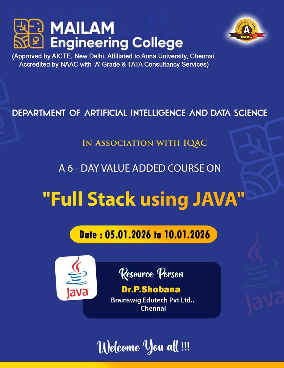 Value Added Course on Full Stack Development Using Java - MEC
